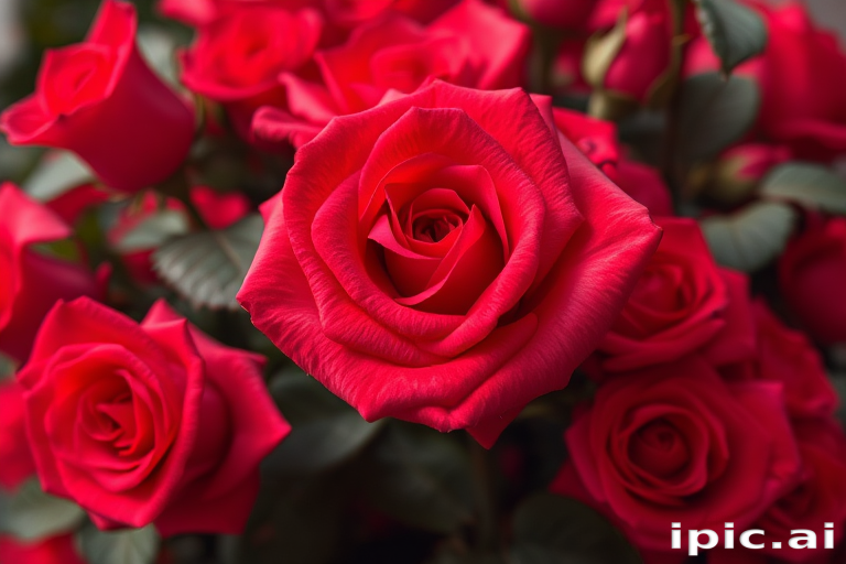 Vibrant Red Roses in Full Bloom Surrounded by Lush Green Foliage