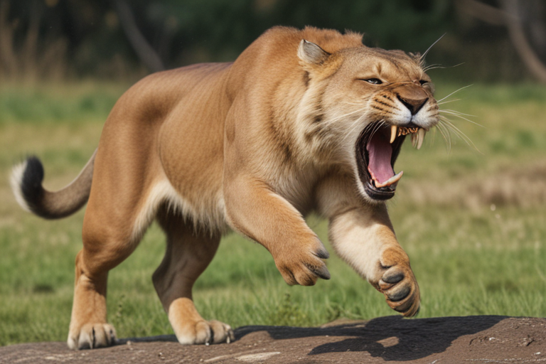 a smilodon pouncing and roaring