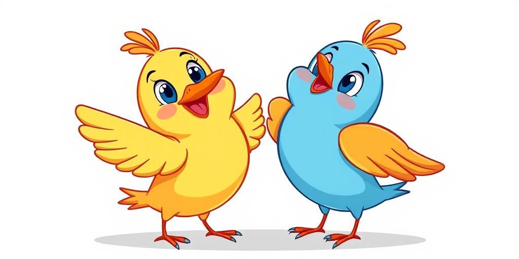 Two Colorful Cartoon Birds Singing Joyfully Together on a White Background.