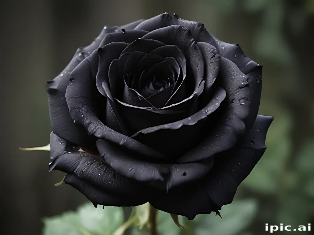 A Stunning Black Rose Glimmering with Dew Drops in Soft Light