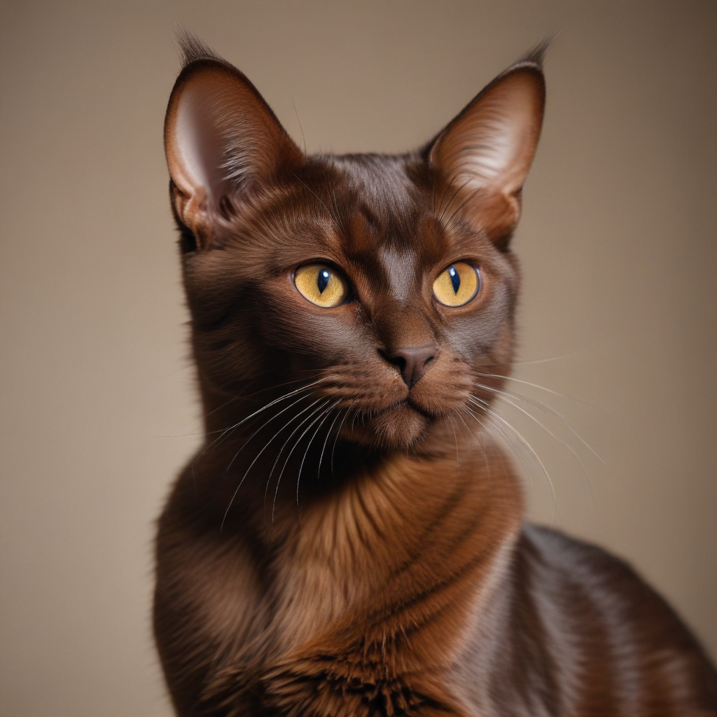 A Majestic Chocolate Brown Cat with Striking Golden Eyes Posing Gracefully.