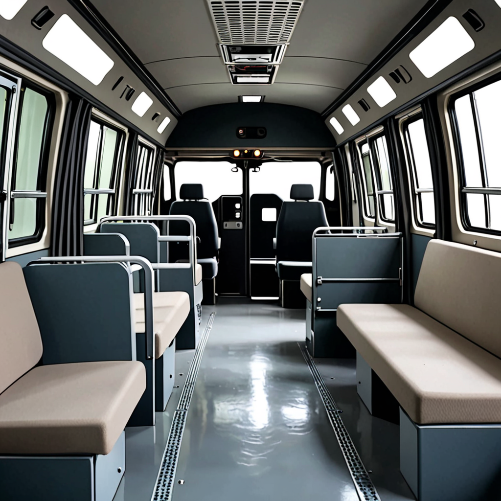 Interior of a prisoner transport van. No people. Flat colors.