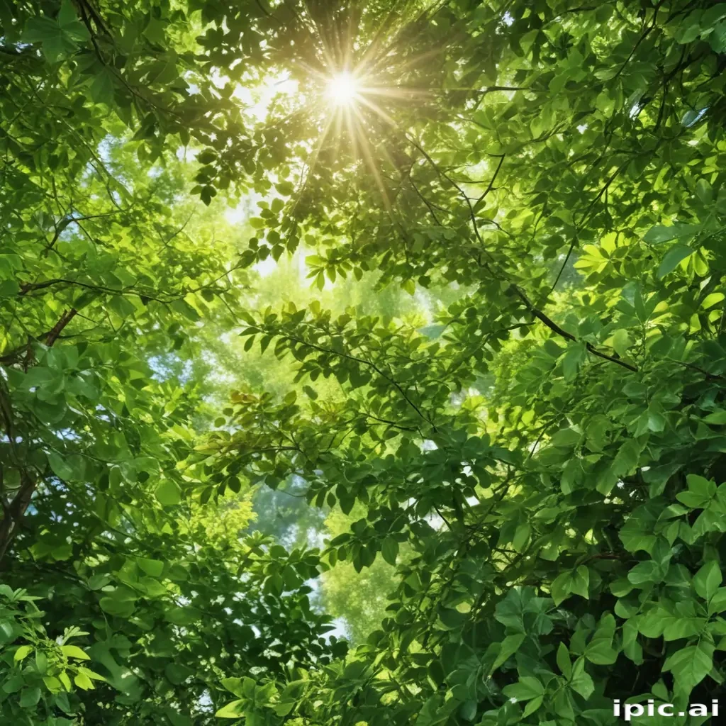 Sunlight Streaming Through Lush Green Leaves in a Vibrant Forest Canopy