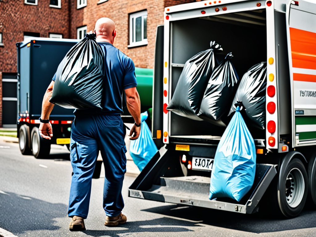 realistic handsome muscular bald garbagemen from behind carrying black ...
