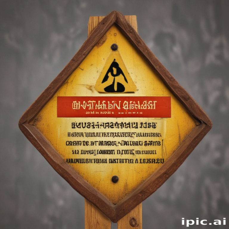 Warning Sign Featuring Symbols and Text in Multiple Languages on Wood
