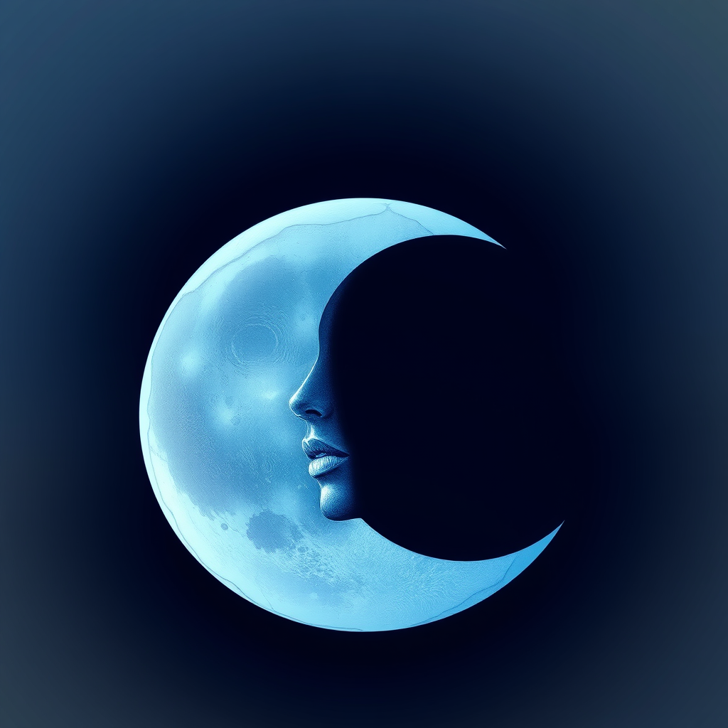 Create a detailed illustration of a crescent moon with a serene female ...