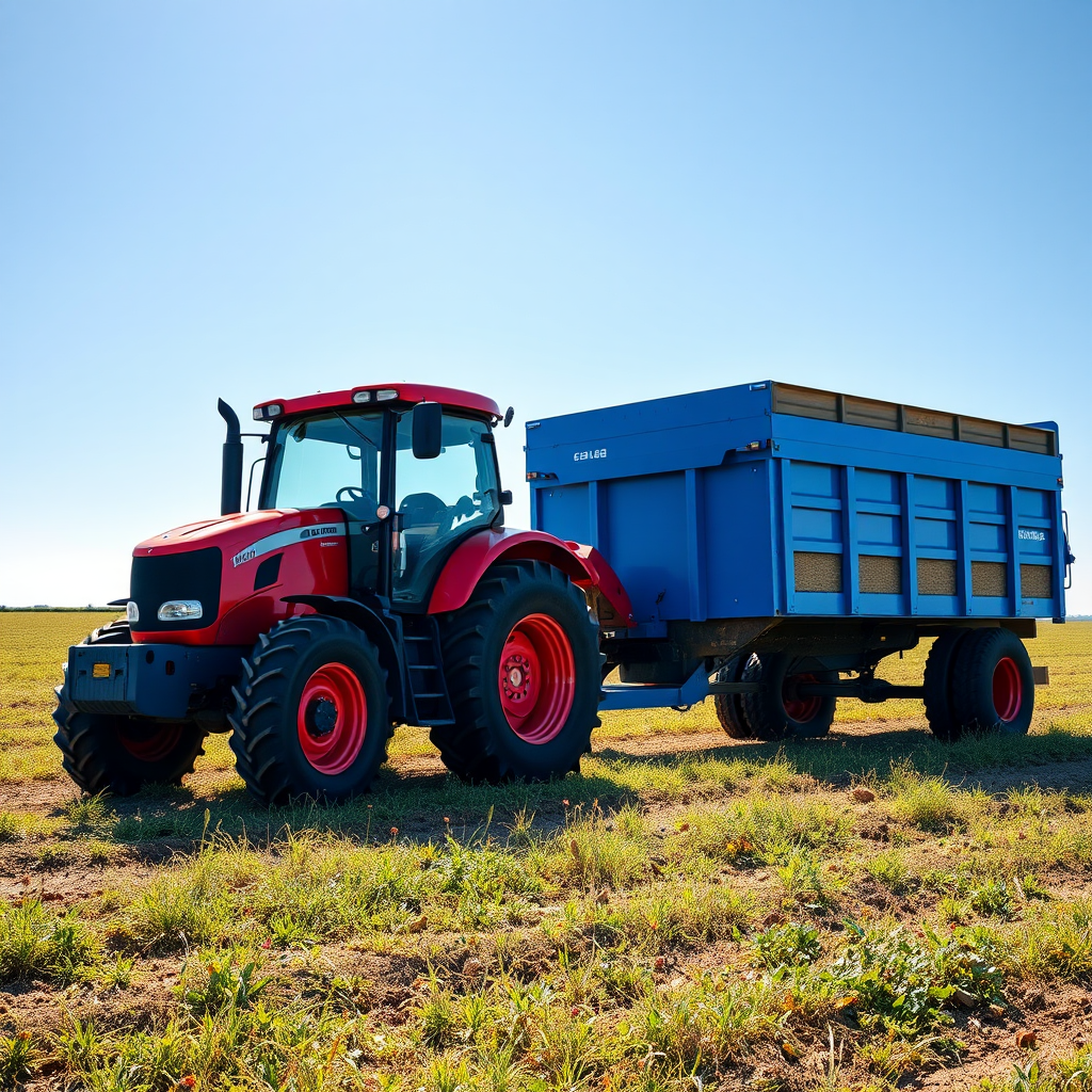 Capture a vibrant image of a red tractor towing a blue agricultural ...