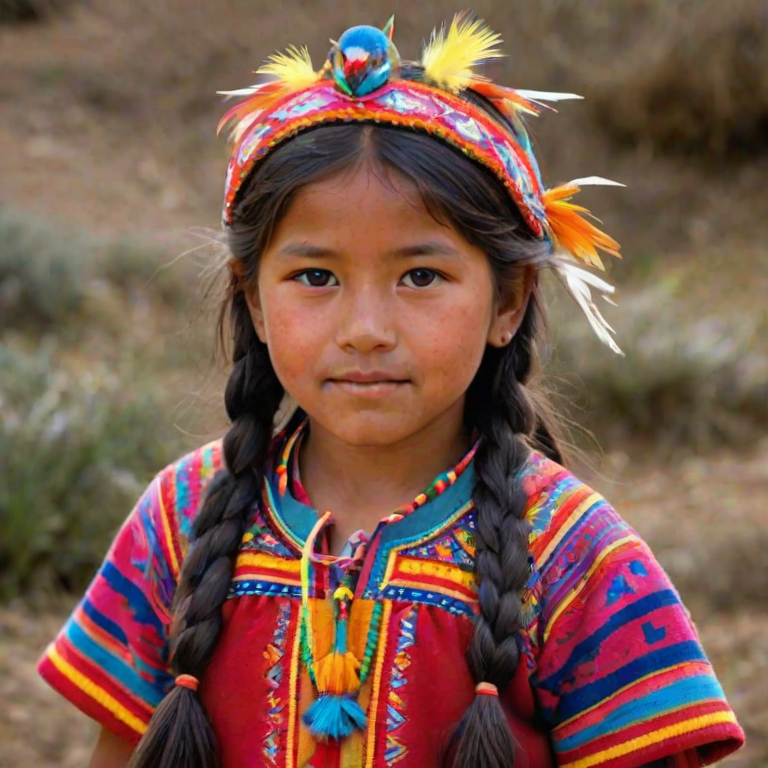A Young Indigenous Girl Wearing Traditional Attire and Colorful Headpiece.