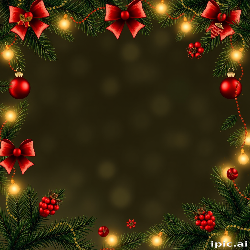 Festive Holiday Frame with Christmas Ornaments, Bows, and Twinkling Lights