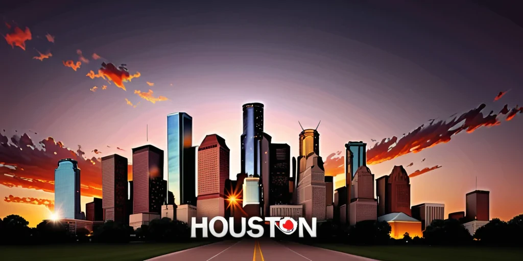 Vibrant Sunset Over Houston's Skyline with Iconic Buildings Illuminated