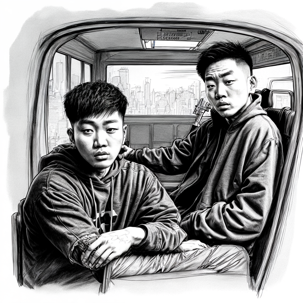 ASIAN HIP HOP RAPPER IS SINGING INSIDE THE BUS. COMIC BOOK. SKETCH ...