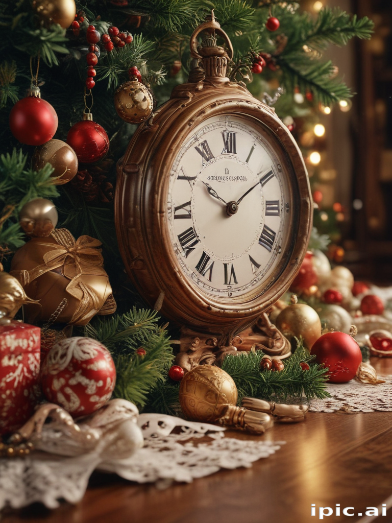 Elegant Vintage Clock Surrounded by Festive Christmas Ornaments and ...