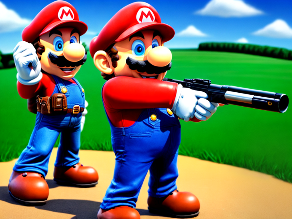 mario points his shootgun Man in a can