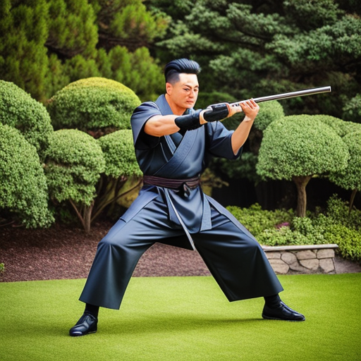 PROMPT Traditional Japanese Ninja in fighting stance with two tonfa.