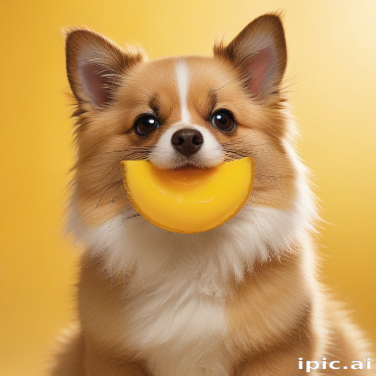 A Cute Dog Smiling with a Bright Yellow Slice of Fruit.