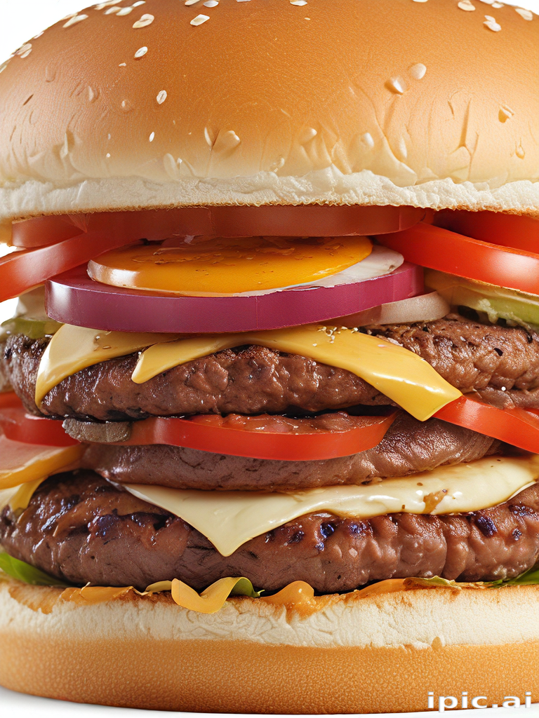 Deliciously Layered Burger with Juicy Patties, Fresh Vegetables, and Cheese