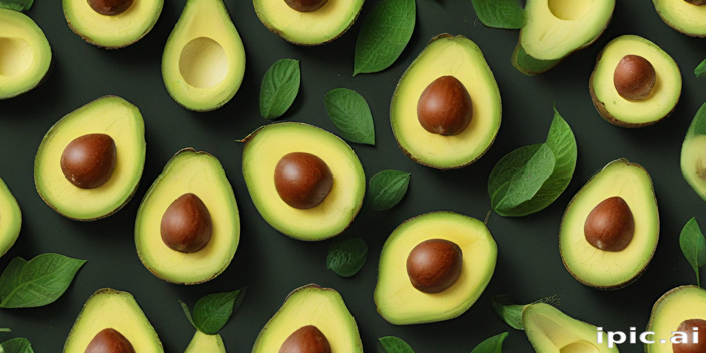 Fresh Avocados on a Dark Background Surrounded by Green Leaves