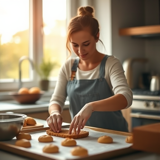A Cheerful Woman Preparing Freshly Baked Treats in a Cozy Kitchen.