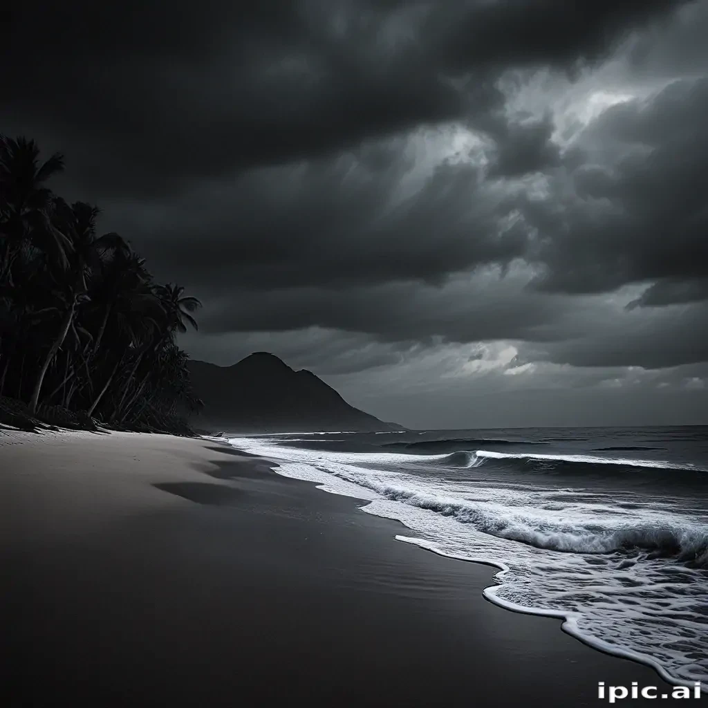 Stormy Seascape: Dark Clouds Loom Over a Tranquil Beach Scene