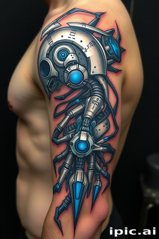 Intricate Robotic Hand Tattoo with Vibrant Blue Accents and Metallic ...