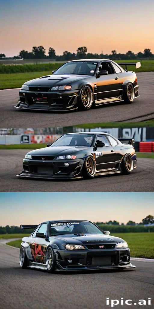 Stunning Black Modified Sports Cars Displayed on a Race Track at Sunset