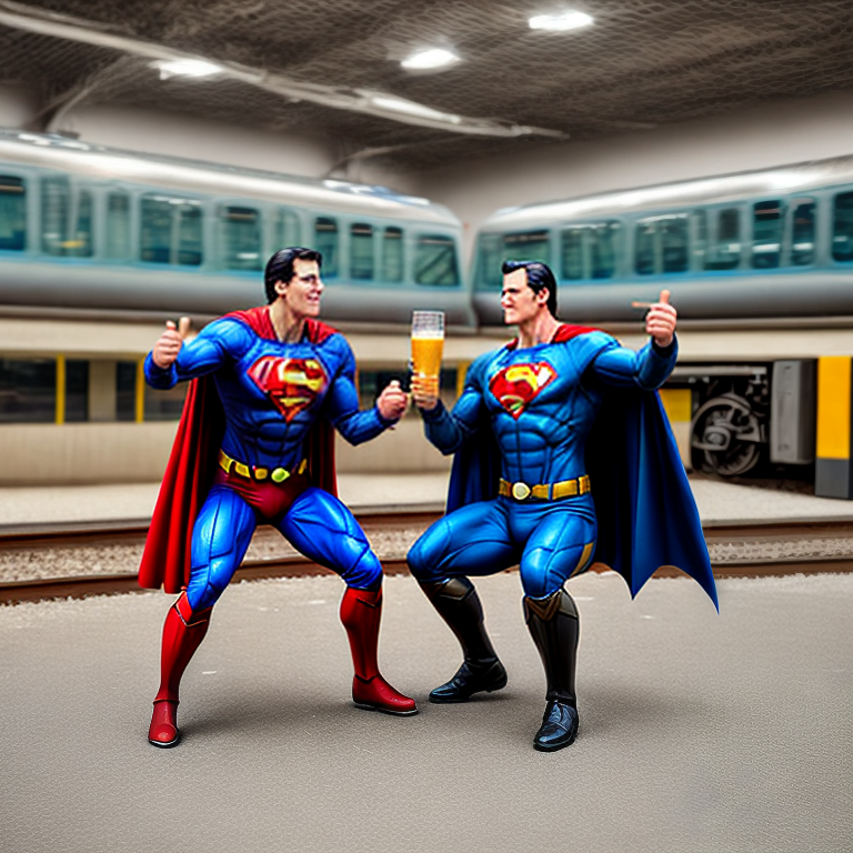Superman and Batman dribklng beer at a train station