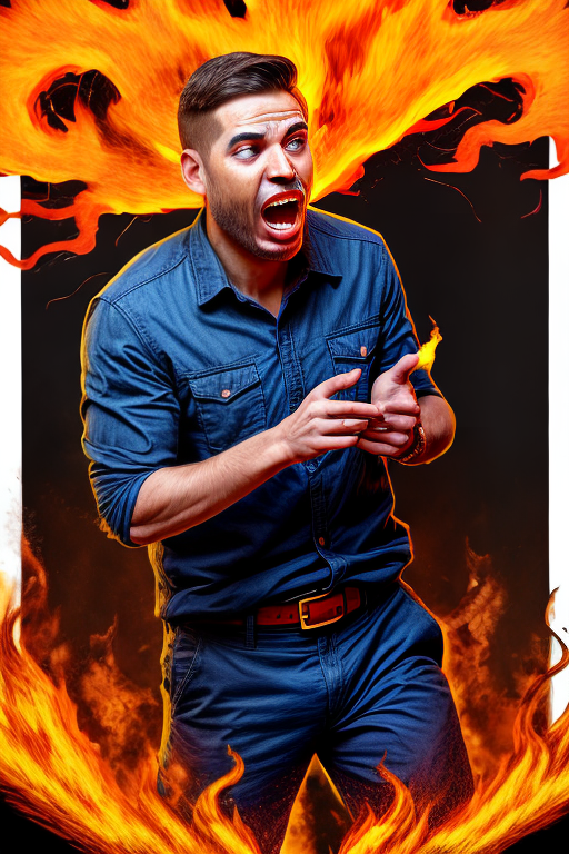 man spitting fire out of his mouth the backround is full of fire