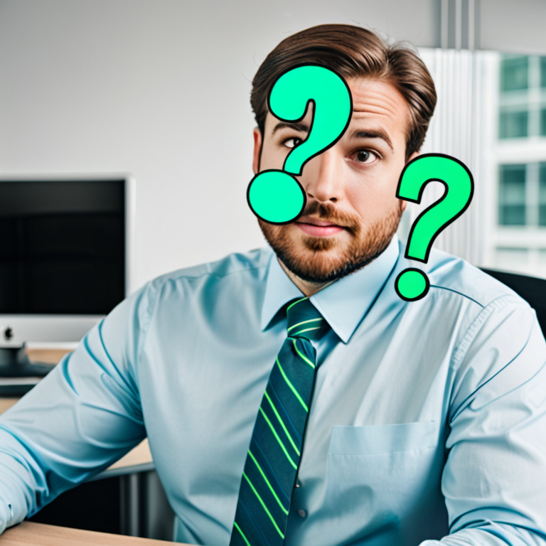A blue-green cartoon themed office worker with a question mark on top ...