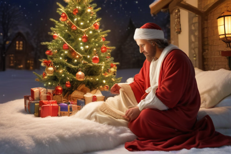 Santa Claus Writing Letters by a Beautifully Decorated Christmas Tree