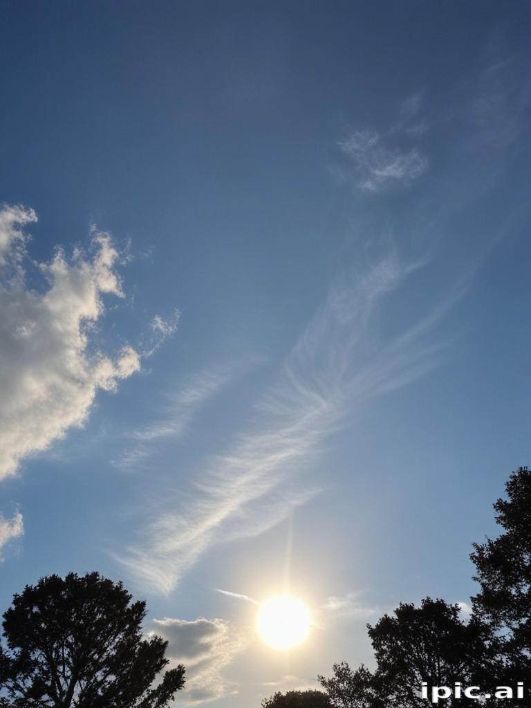 Beautiful Blue Sky with Wispy Clouds and a Bright Setting Sun