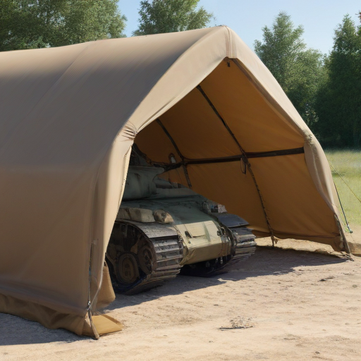 Tank under tent, photorealistic