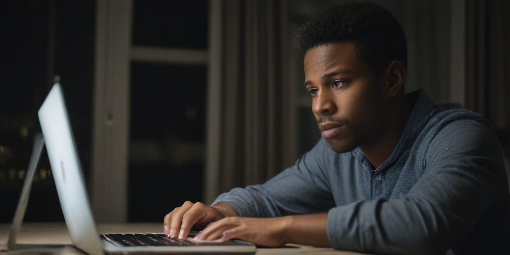 tired black person staring into computer at night