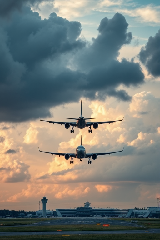 Two Airplanes Landing at Sunset Against a Dramatic Cloudy Sky