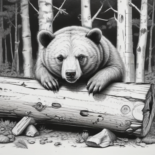 bear resting head on paws line drawing over a log