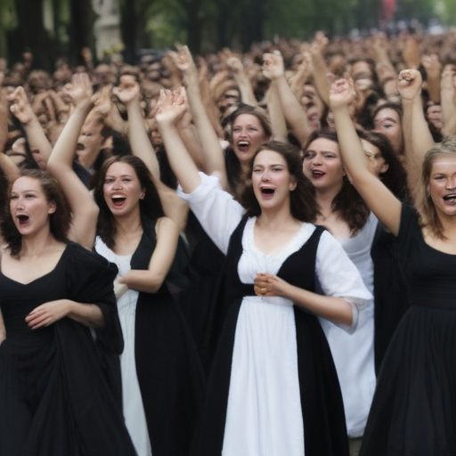 Enormous crowd of women in black gowns chanting and swaying their arms ...