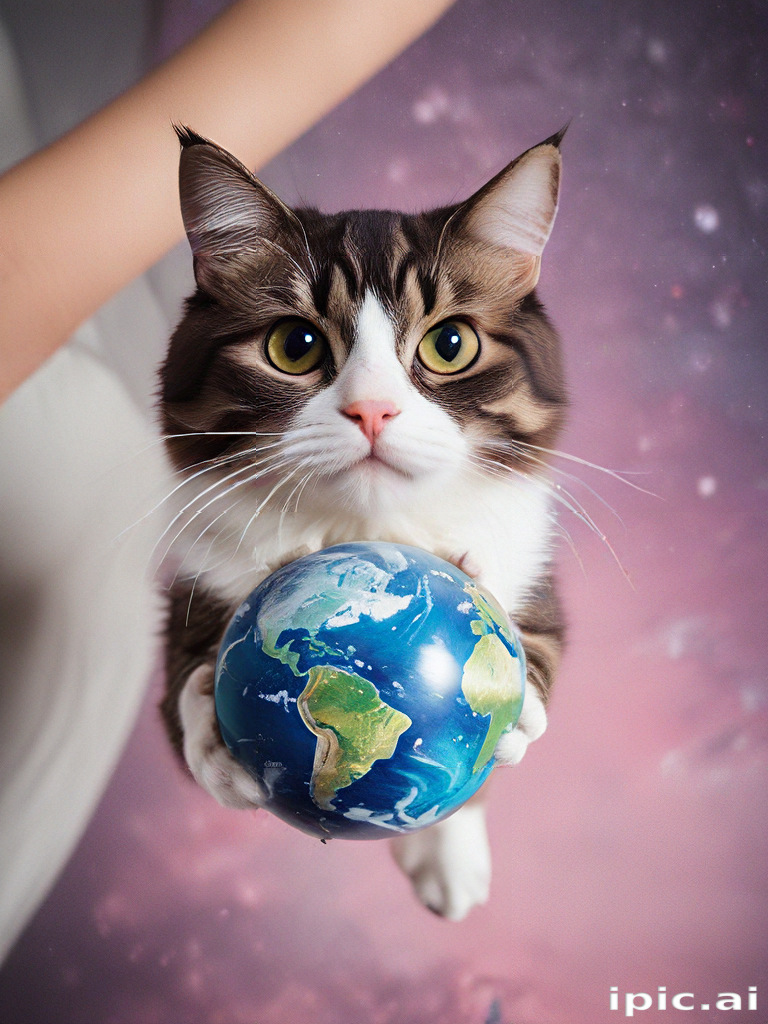 A Playful Cat Holding a Miniature Earth in Cosmic Background