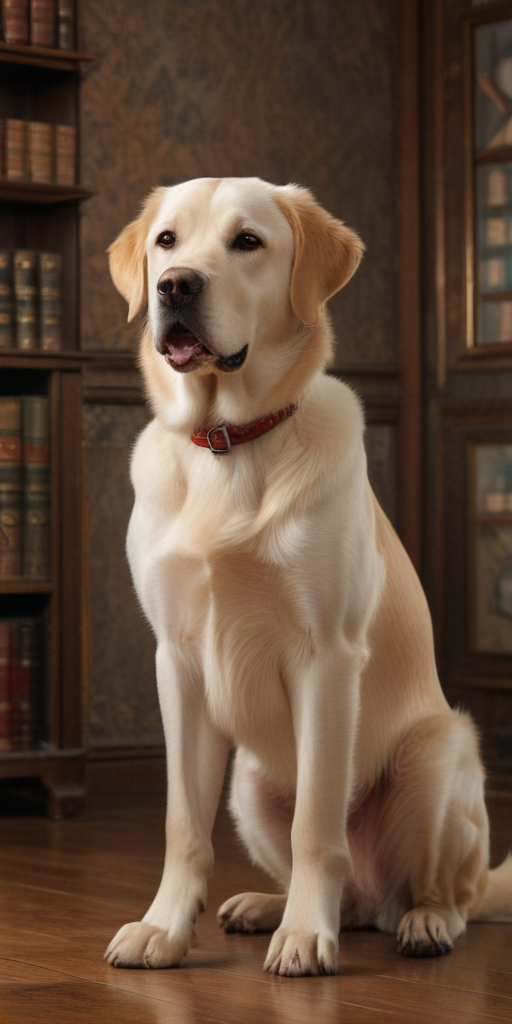 A Charming Yellow Labrador Retriever Posing Elegantly in a Cozy Library ...