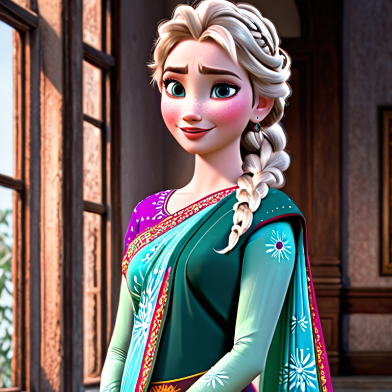 Elsa hug Anna in saree indian smile frozen disney smile look her 3D outside