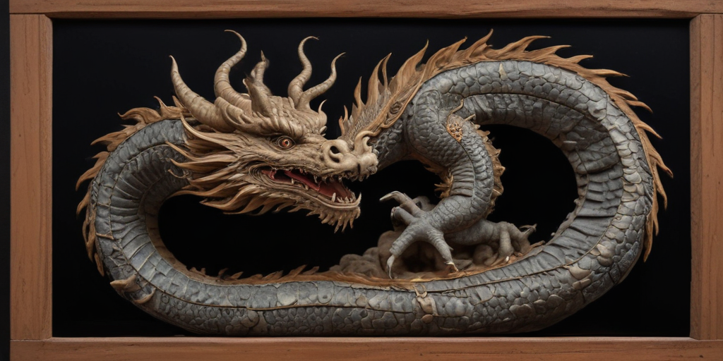 one chinese dragon coiled around its self terra cotta colour and black ...