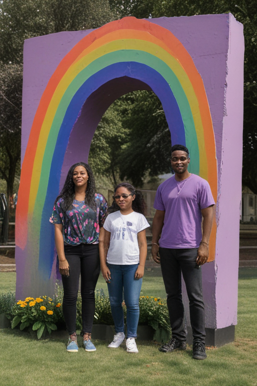 several BIPOC people standing in front of a purple monument with a ...