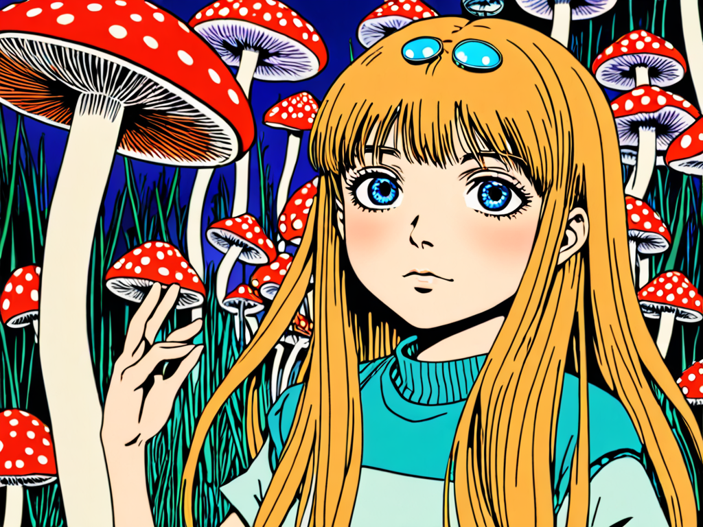 psychedelic ghibli, trippy girl, anime, manga, murshrooms, lain, cute ...