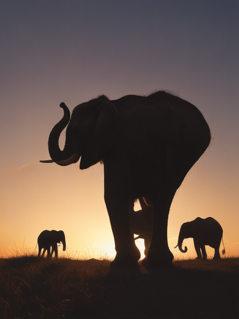 Majestic Elephants Silhouetted Against a Stunning Sunset Horizon in Nature.