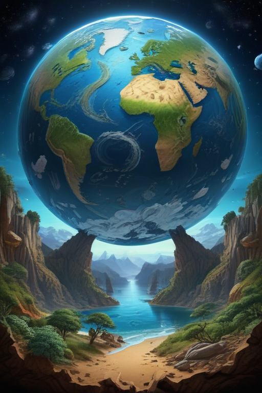 Majestic Earth Floating Above Serene Landscape Surrounded by Lush Nature