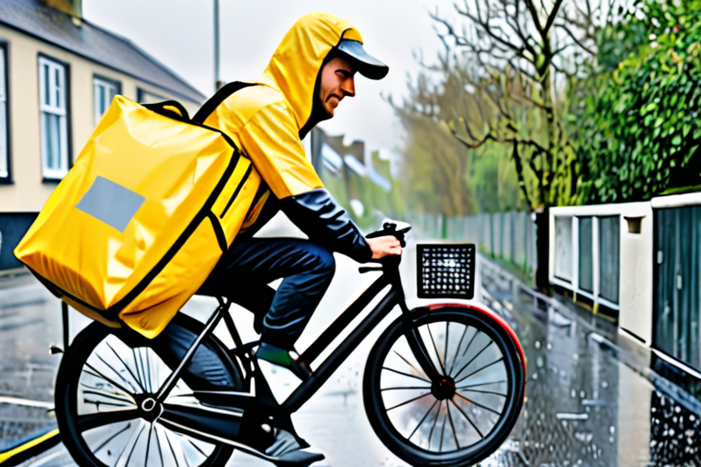 a determined courier delivering with yellow postbag on a rainy day