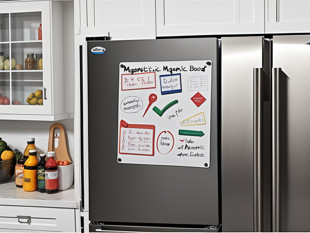 Colorful Magnetic Board with Notes and Reminders on a Refrigerator Door