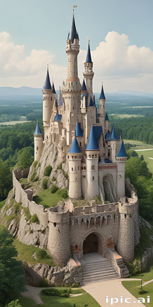 A Majestic Fairytale Castle Surrounded by Lush Greenery and Mountains
