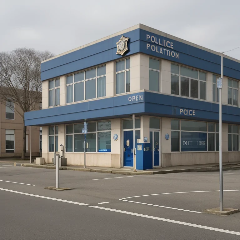 Modern Police Station with Blue Facade and Clear Sky Background