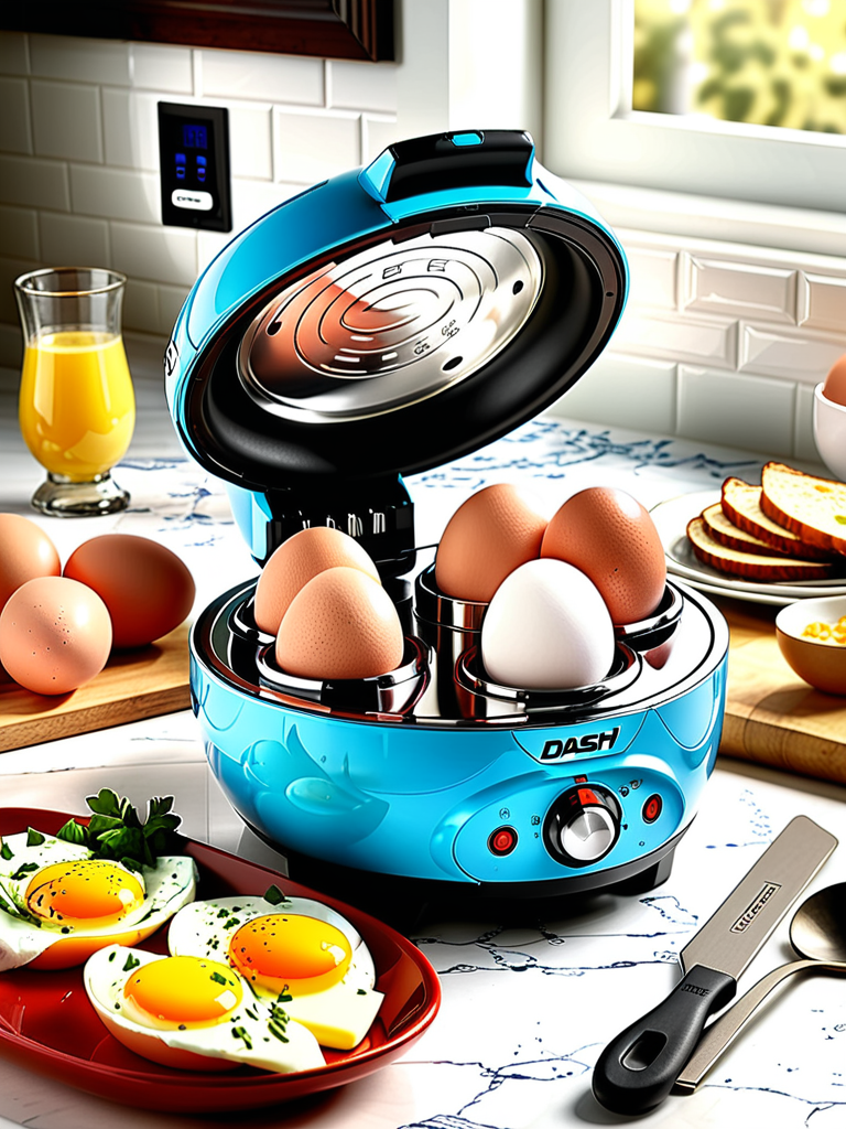 Colorful Dash Egg Cooker with Eggs and Breakfast Spread on Table