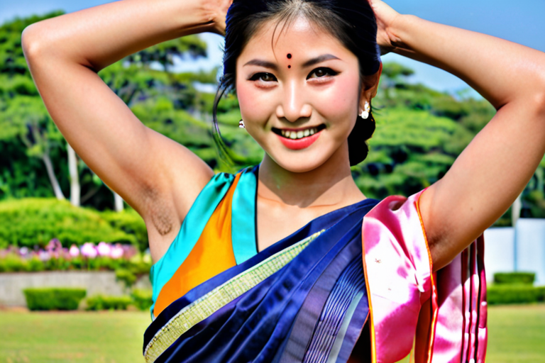 Japanese women, sleeveless saree, arms up, hairy armpits