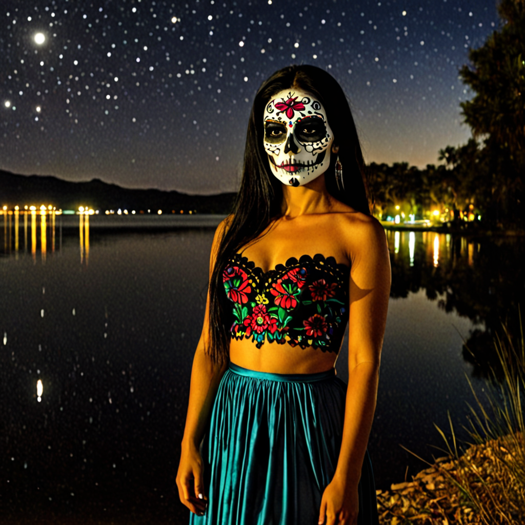 colorful femanin dia de la muerta lady at night near the lake